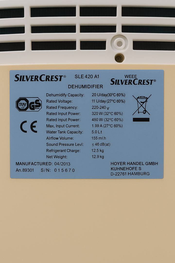 SilverCrest Refurbished SLE 420 A1 Dehumidifier – 20L/Day, 5L Tank, Lo ...